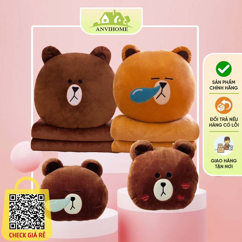 [Mã giảm 28%] Bộ chăn gối gấu Brown ANVIHOME 2 màu nhiều biểu cảm